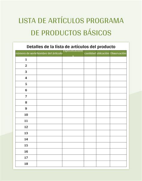 Plantilla De Excel Lista De Artículos Programa De Productos Básicos Y