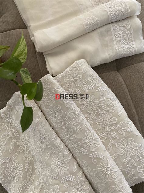 Ivory White Pearl Chikankari Work Suit Dress365days