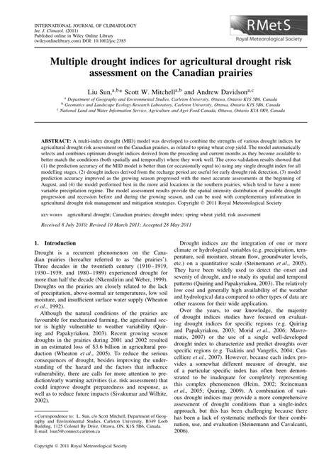 Pdf Multiple Drought Indices For Agricultural Drought Risk Assessment On The Canadian Prairies