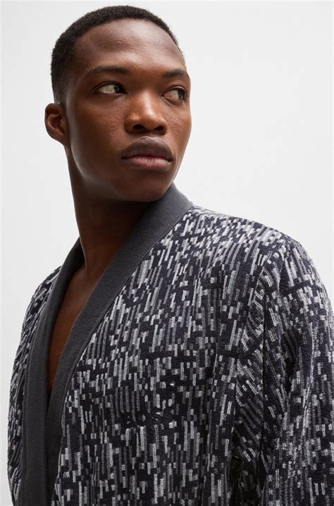 Boss Cotton Jacquard Dressing Gown With Embroidered Logo Dark Grey
