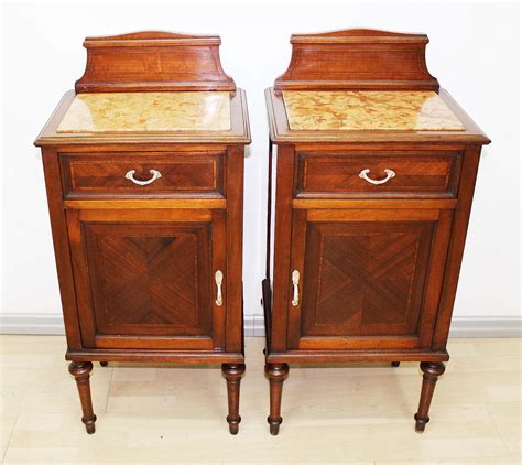 Pair Of Solid Walnut Bedside Tables With Inlays And Pink Marble Top