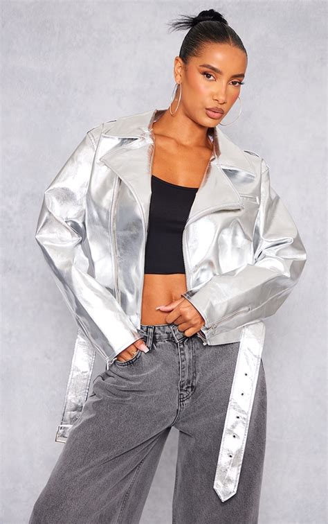 Silver Metallic Biker Jacket Outerwear Plt