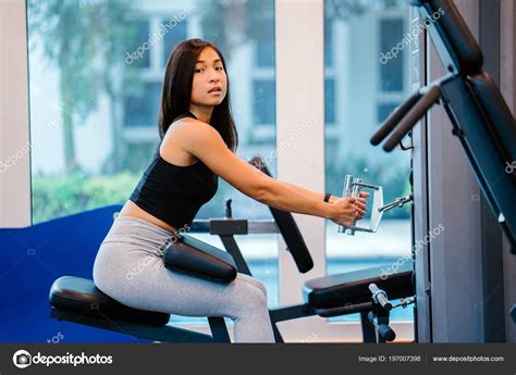 Portrait Young Chinese Asian Woman Doing Strength Training Gym She