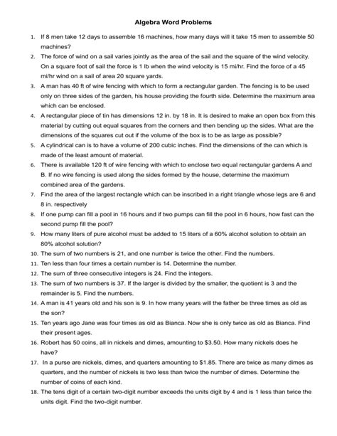 Algebra Word Problems Worksheet