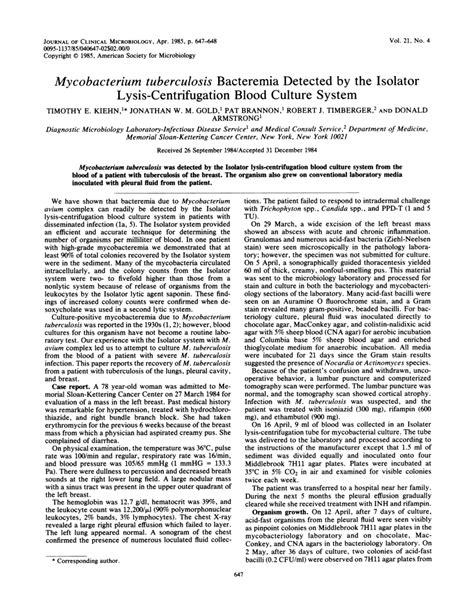 Pdf Mycobacterium Tuberculosis Bacteremia Detected By The Isolator