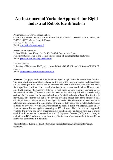Pdf An Instrumental Variable Approach For Rigid Industrial Robots Identification
