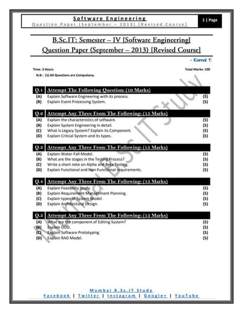 Question Paper Software Engineering Revised Course September 2013 Pdf