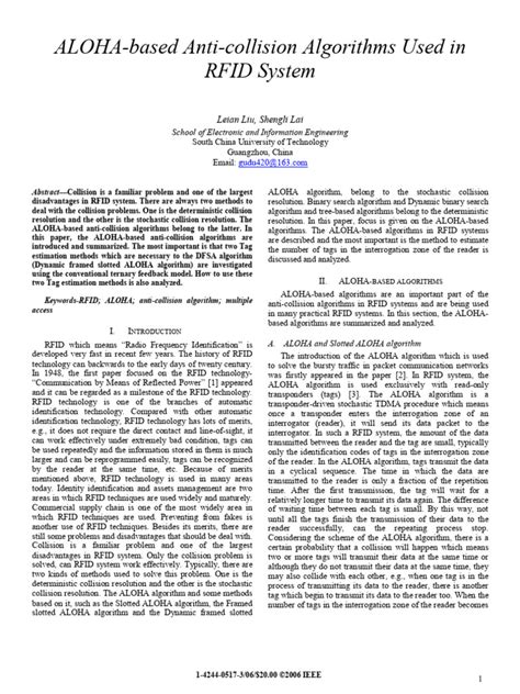 2006 Aloha Based Anti Collision Algorithms Used In Rfid System Pdf Radio Frequency