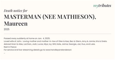 Masterman Nee Mathieson Maureen Death Notices Melbourne My Tributes