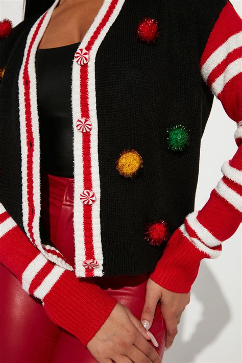 Holiday Hottie Pom Pom Cardigan Black Combo Fashion Nova Sweaters