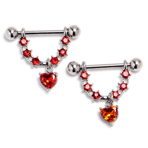 14 Gauge 916 Red Gem Stars And Hearts Dangle Nipple Ring Set