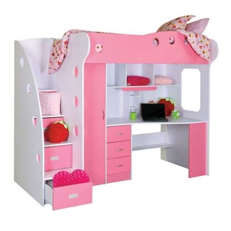 Nika Loft Bedworkstation Pink With Storage Stairs And Desk