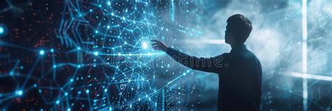 A Hacker Interacts With A Glowing Digital Interface Analyzing Complex Data While Immersed In A