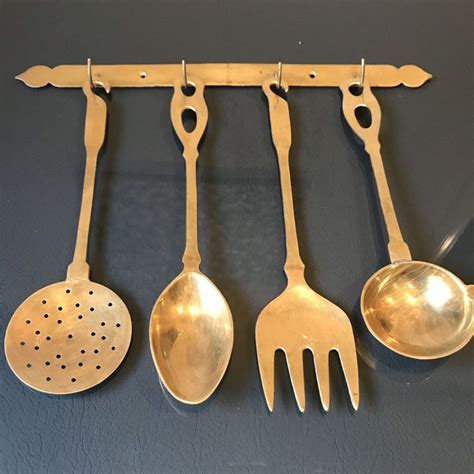 Vintage Brass Utensil Set Wall Hanging Ladle Stainer Spoon Etsy