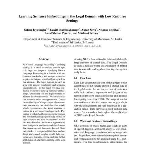 Learning Sentence Embeddings In The Legal Domain With Low Resource