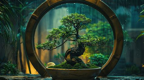 Beautiful Bonsai Tree And Round Window Background And Some Lighting At