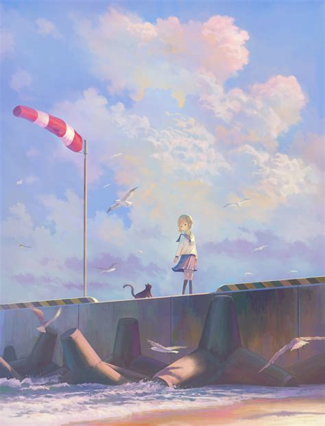 Safebooru 1girl Beach Bird Black Socks Blue Eyes Blue Ribbon Blue