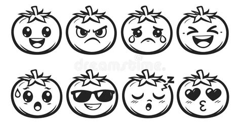 Hand Drawn Line Art Cartoon Tomato Emoji Set Featuring Eight Different