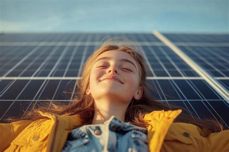 Young Girl Lying On Solar Panels Enjoying Sunlight Representing