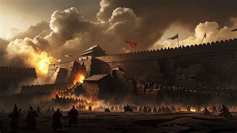 秦国古代攻城战，破损的城墙，远处还有战火，低饱和度，史诗般的构图，超精细，真人写真，电影海报，高清画质，真实的感觉 花瓣网