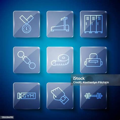 세트 라인 위치 체육관 스마트 시계 손 바벨 사물함 또는 탈의실 테이프 측정 아령 메달 과 스포츠 가방 아이콘 벡터 3위에 대한 스톡 벡터 아트 및 기타 이미지 Istock