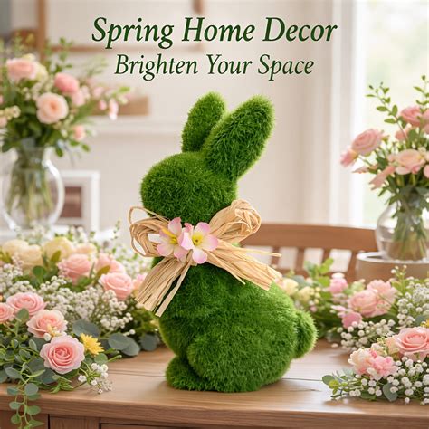 Cute Spring Bunny Statue Green Grass Texture Figurine With Pink