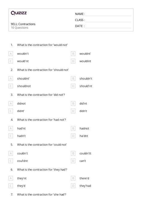 50 Contractions Worksheets For Kindergarten On Quizizz Free And Printable