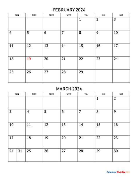 February March Calendar Printable
