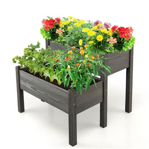 Gvn Outdoor Raised Garden Bed Yard Gardening Bed2 Tier Wooden Raised