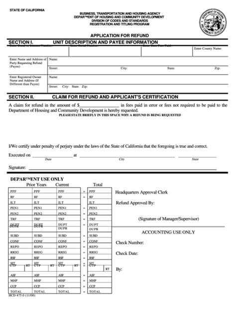 Form Hcd 4750 Application For Refund Printable Pdf Download