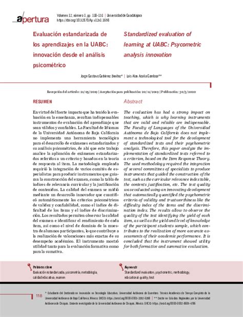 Pdf Standardized Evaluation Of Learning At Uabc Psycometric Analysis Innovation