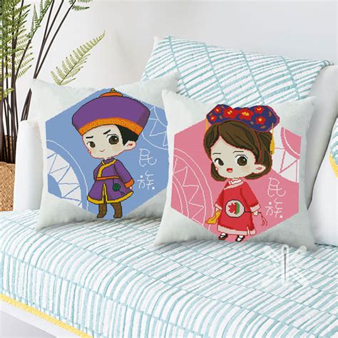 十字绣抱枕自己绣中国风民族娃娃满族卡通情侣一对手工线绣简约绣虎窝淘