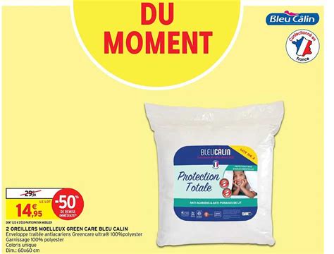 Promo 2 Oreillers Moelleux Green Care Bleu Calin Chez Intermarché Hyper