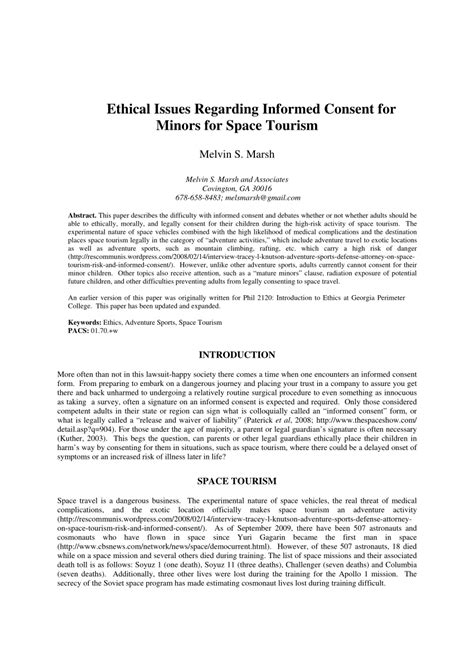 Pdf Ethical Issues Regarding Informed Consent For Minors For Space Tourism
