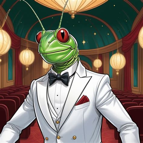 A Colored In Outline Drawing Of A Happy Grasshopper In A White Tuxedo In A Ball Room Prompts
