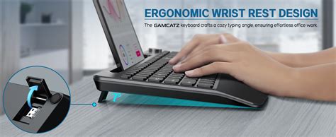 Gamcatz Ergonomic Wireless Keyboard With Wrist Rest Low Profile Phone Tablet Holder