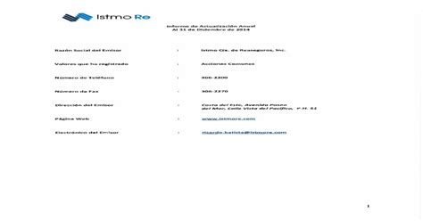 Istmo Re Inicionombre De Reaseguradora Del Istmo Y Subsidiarias A