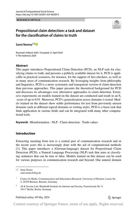 Pdf Propositional Claim Detection A Task And Dataset For The