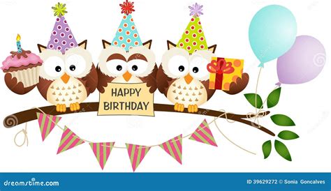 Cute Three Owls Happy Birthday Stock Vector Illustration Of