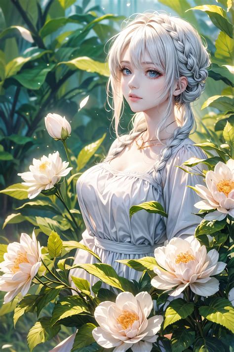 Anime Girl With White Hair And Braids Standing In A Garden Of Flowers