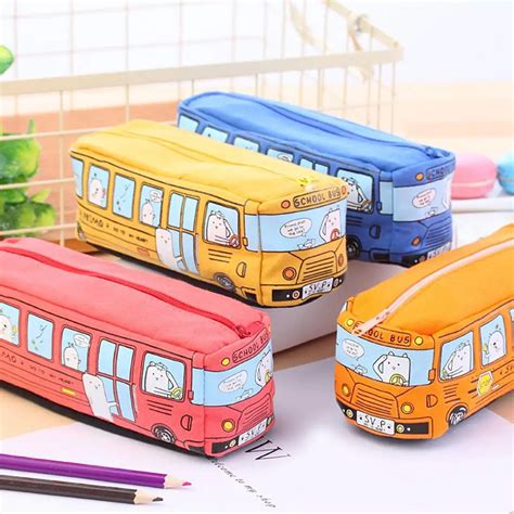 크리에이티브 만화 동물 버스 필통 유니섹스 캔버스 펜 가방 문구 기타 장난감 AliExpress