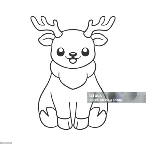 Lucu Gaya Chibi Bahagia Duduk Rusa Kutub Dengan Tanduk Garis Besar