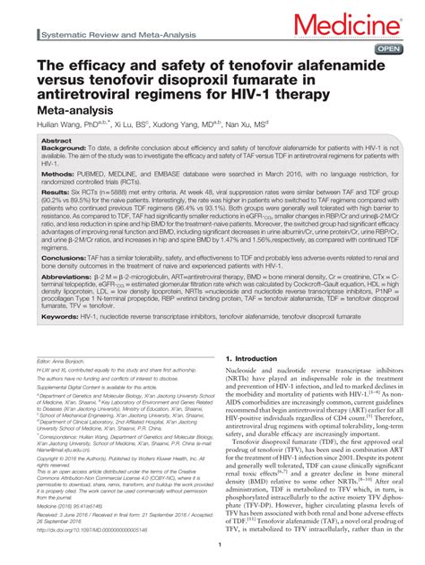 Pdf The Efficacy And Safety Of Tenofovir Alafenamide Versus Tenofovir Disoproxil Fumarate In