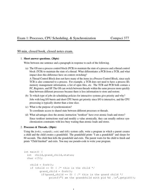 Exam 1 Processes Cpu Scheduling And Synchronization Pdf Thread
