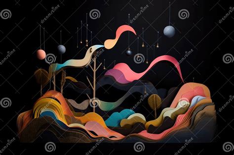 Abstract and Surreal Landscape, with Floating Shapes and Colors, Against Black Background Stock ...