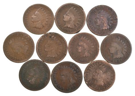 Lot Of 10 1800s 1880 1889 Indian Head Penny Cents Us Coin Collection