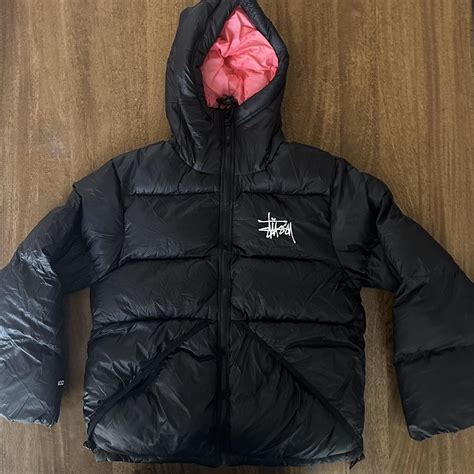 Black Stüssy Puffer Jacket With Pink Lining Depop
