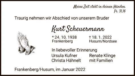 Traueranzeigen Von Kurt Scheuermann Trauerhnade