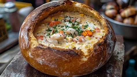 A Seafood Chowder Served In A Bread Bowl At A Rustic Outdoor Market