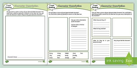 I Love Reading Character Description Worksheets